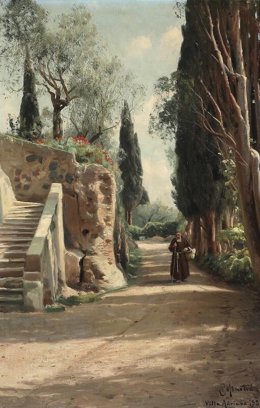 Peder Mork Monsted | Summer day with children playing behind a thatched farm (1924) | MutualArt