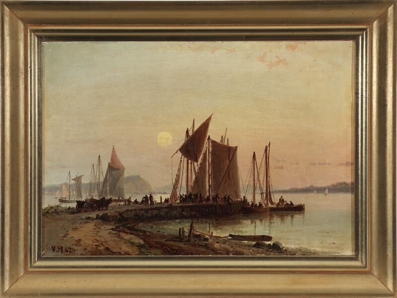 Vilhelm Melbye | Sunset over a coast with fishing boats (1862) | MutualArt