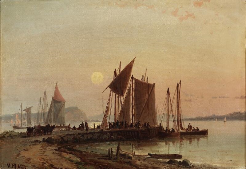 Vilhelm Melbye | Sunset over a coast with fishing boats (1862) | MutualArt