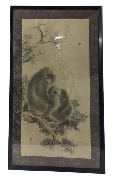 Mori Sosen | two monkeys observing a wasp in glazed frame | MutualArt