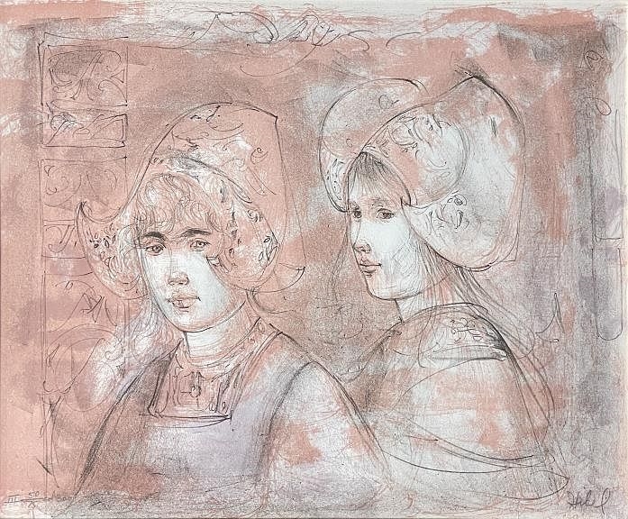 Edna Hibel | Edna Hibel - Portrait of Two Young Women | MutualArt