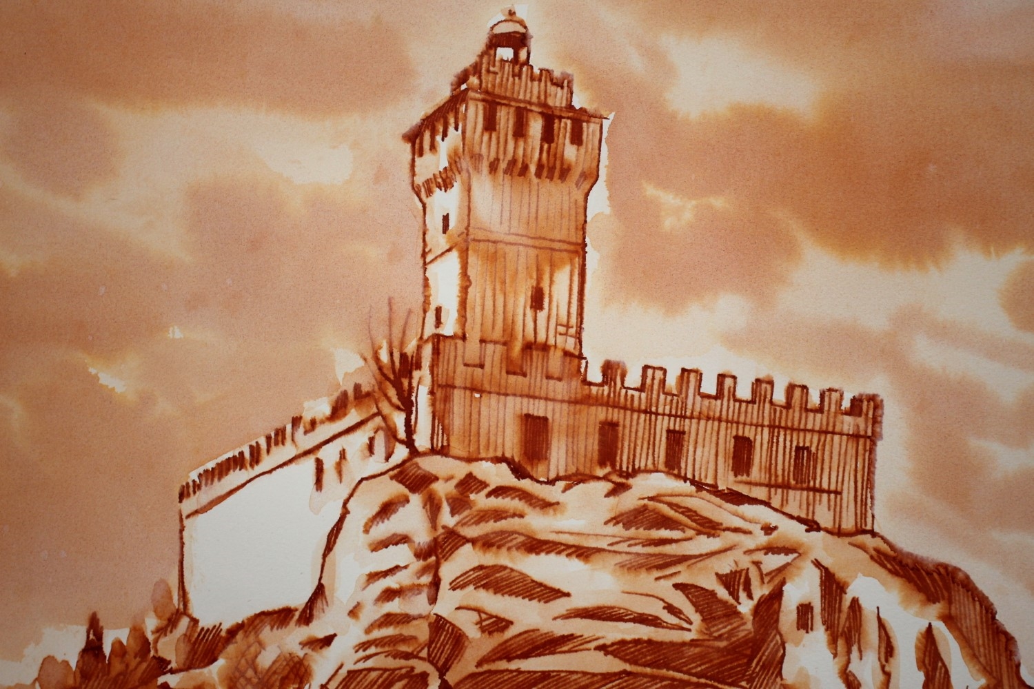 Romano Mussolini | Original Watercolor Painting of a Castle | MutualArt