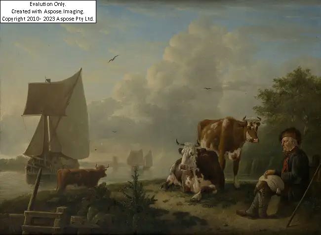Leendert de Koningh | Dutch 1777-1849- A shepherd watching his cattle on a riverbank; oil on ...
