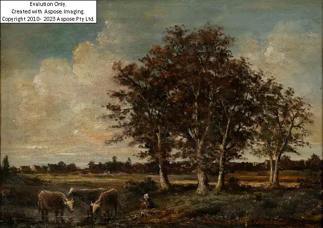Jules André | French 1807-1869- Wooded landscape with cattle watering ...