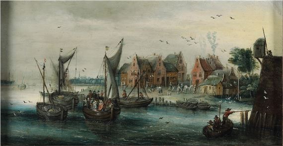 Pieter Gysels | Harbour scene with a village in the background | MutualArt