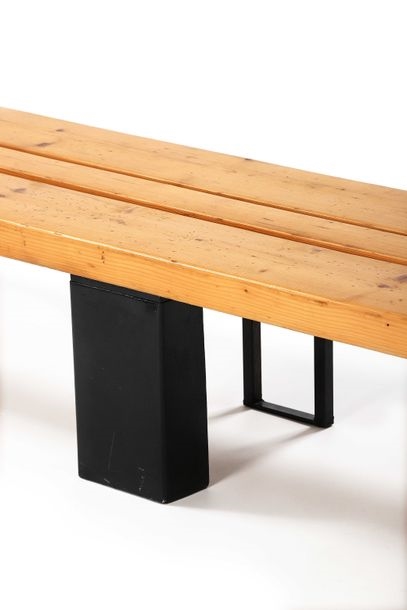 Charlotte Perriand | Large bench seat Larch wood seat, black lacquered ...