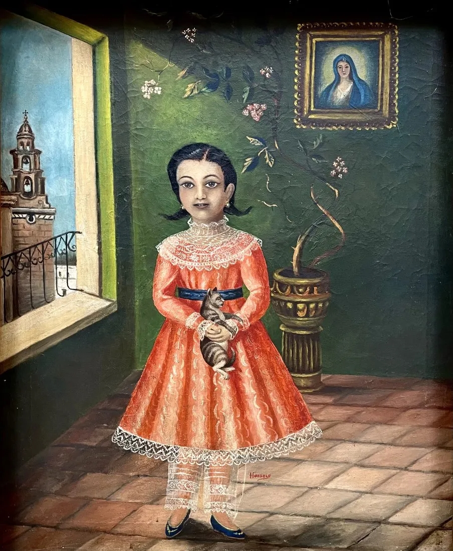 Horacio Rentería Rocha | Girl holding a kitten by a window | MutualArt