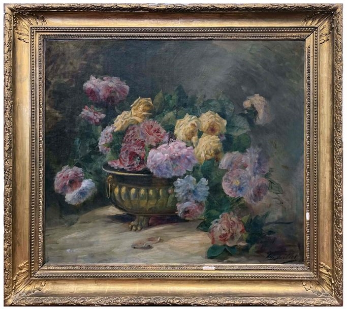 M. Pillet | Bouquet of roses in a copper jardinière | MutualArt