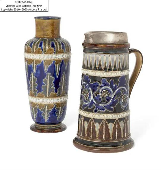 George Tinworth | Tapered vase and silver mounted lemonade jug (1877 ...