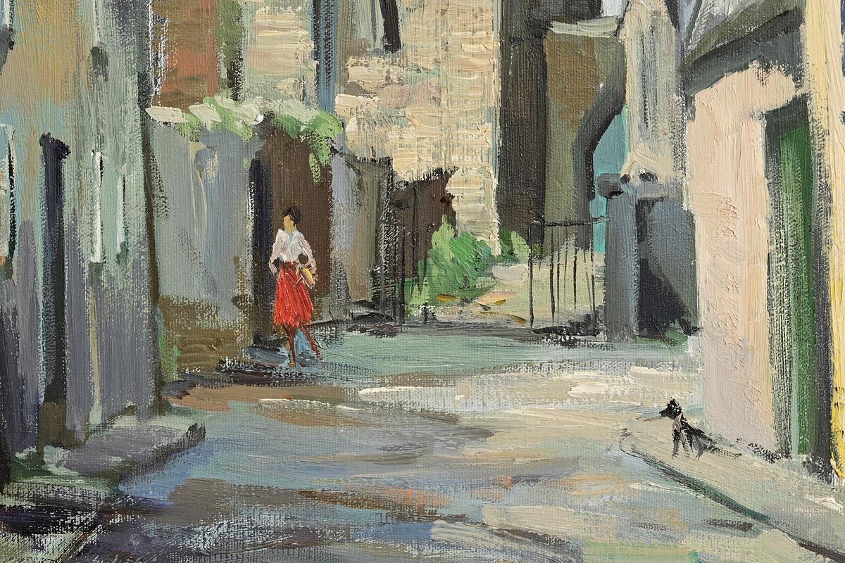 Anne Tallentire | Lone Figure in Galway Street with Castle Behind ...