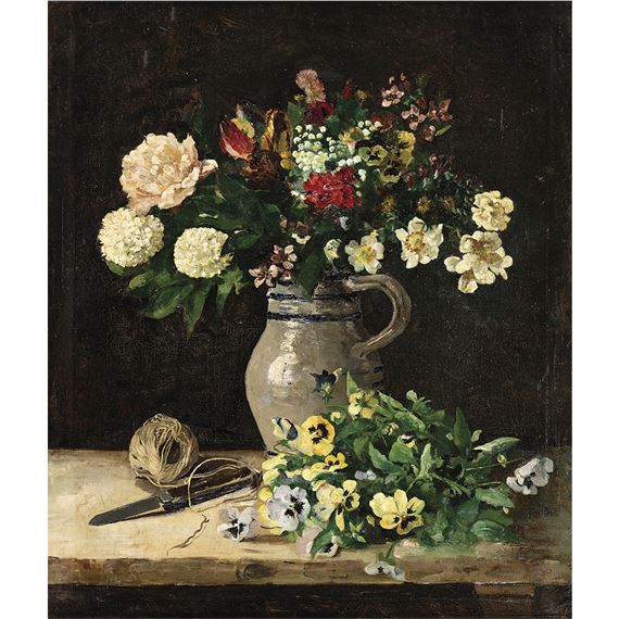 Spanish School, 19th Century | Bodegón con jarro de cerámica con flores ...