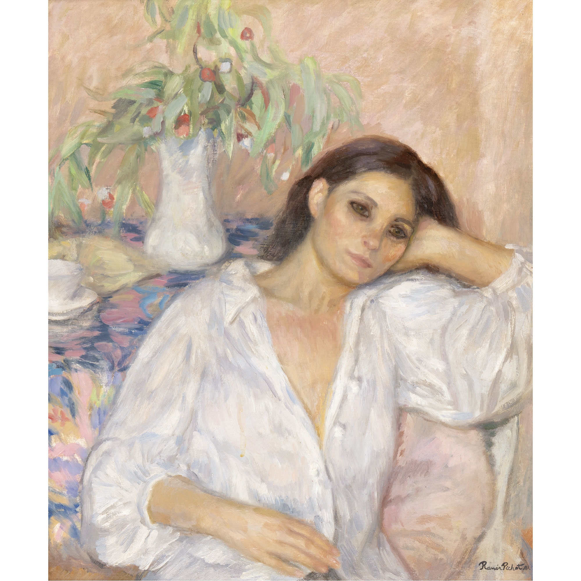 Ramón Pichot Gironès | Mujer con camisa blanca y florero | MutualArt