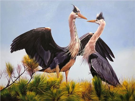 Pedro Tapia | Tapia Original Oil Painting Herons 30 x 40 Inches (1970 ...