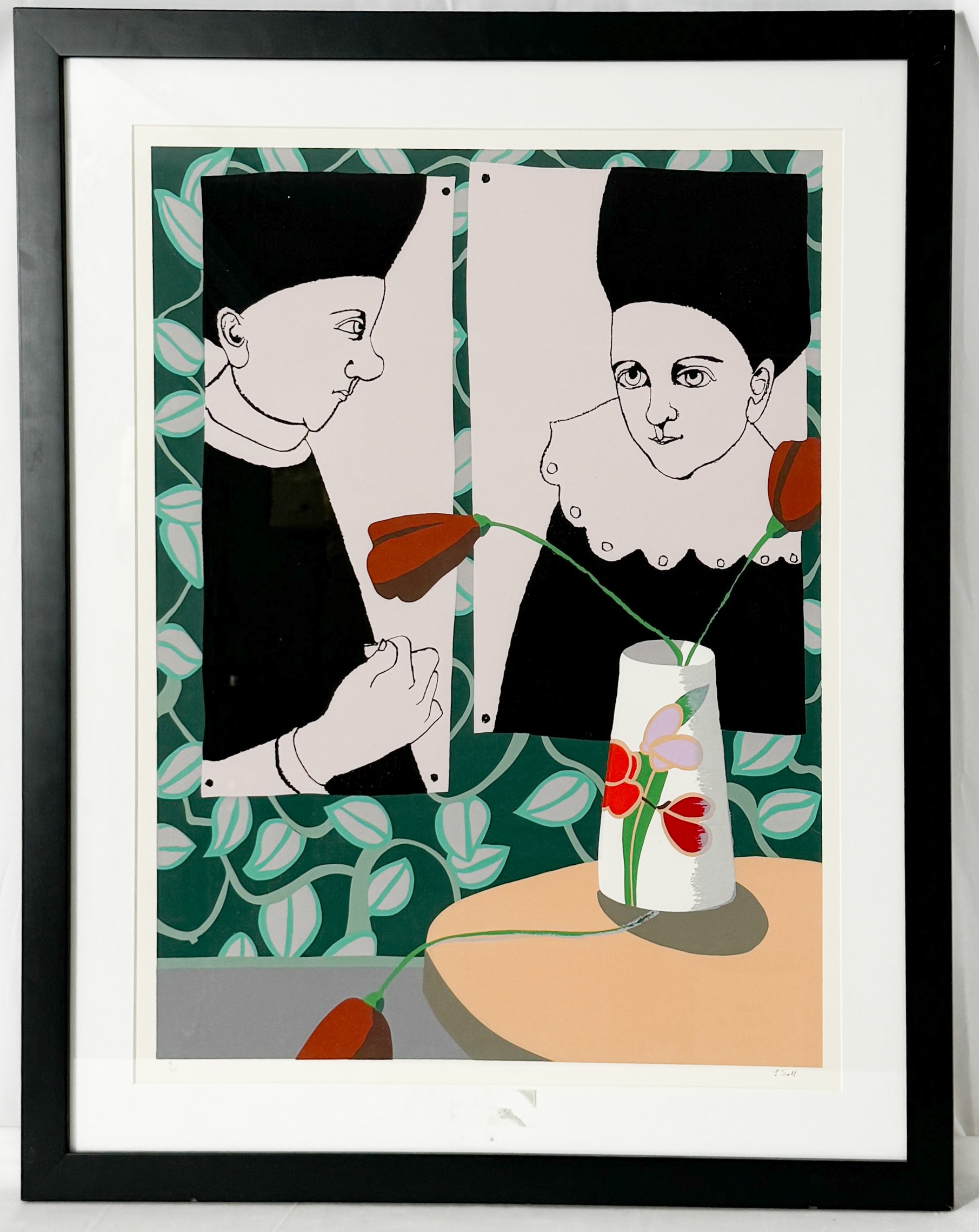 Louise Scott | 2 personnages et vase fleuri Lithographie signée en bas ...