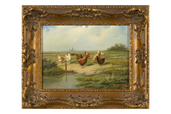 Hilaire Bals | Rooster and hens near a pond | MutualArt