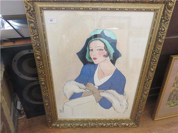 Nora Padar | Titled Art Deco Lady in Blue Hat and White Furs | MutualArt