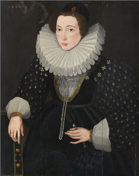 George Gower | Portrait of a lady, half-length, in a dark dress with ...