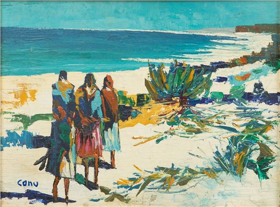 Yvonne Canu | Three Figures on Beach (1963) | MutualArt