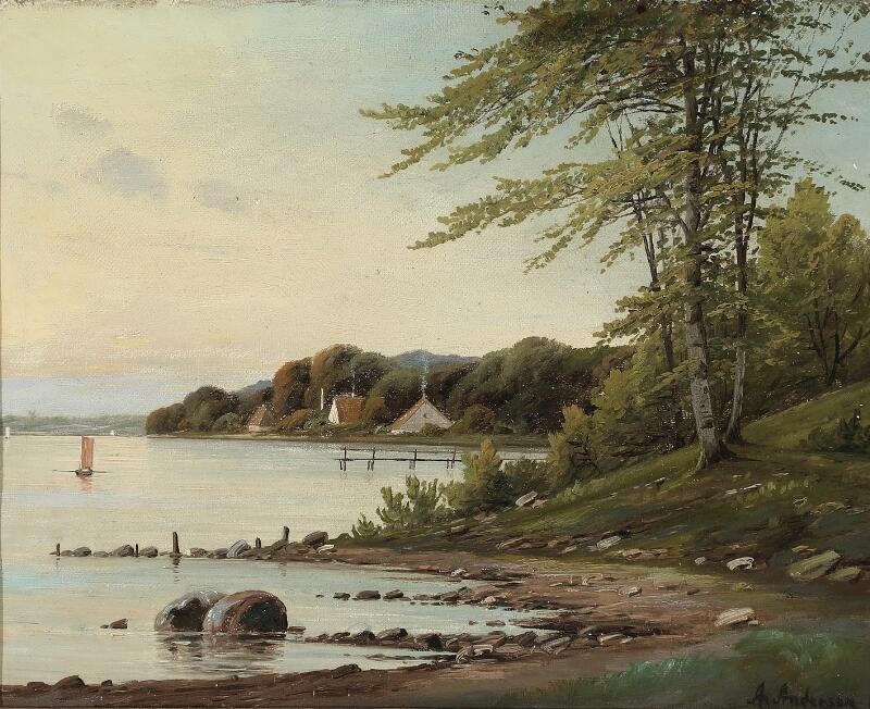 Anders Andersen-Lundby | Winter scene with people walking along a brook ...