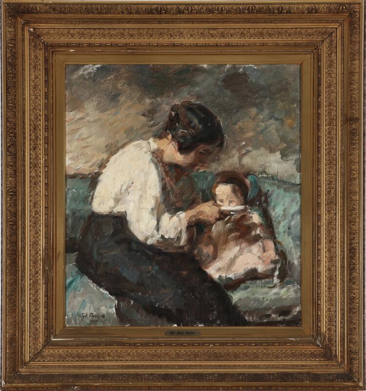 Julius Paulsen | Mother and child in a green sofa (1920) | MutualArt