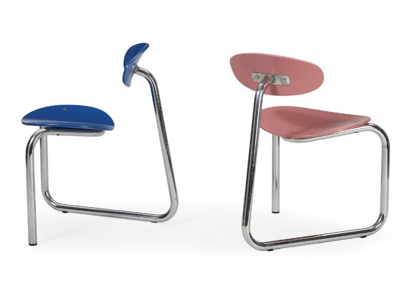 Erik Magnussen | Two chromed metal chairs with blue and pink lacquered ...