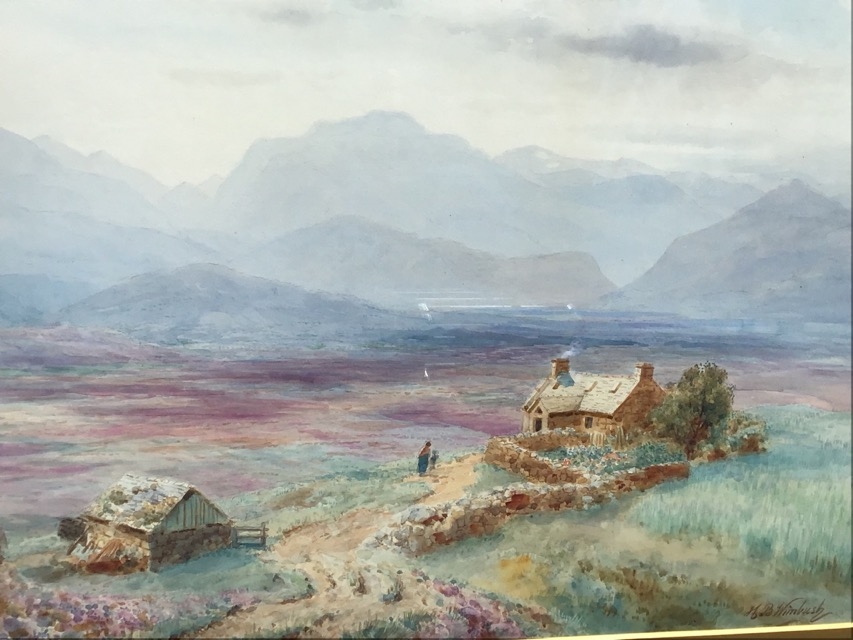 Henry Bowser Wimbush | highland landscape with croft and distant ...