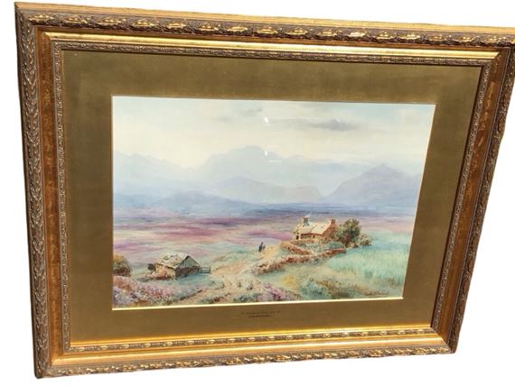 Henry Bowser Wimbush | highland landscape with croft and distant ...