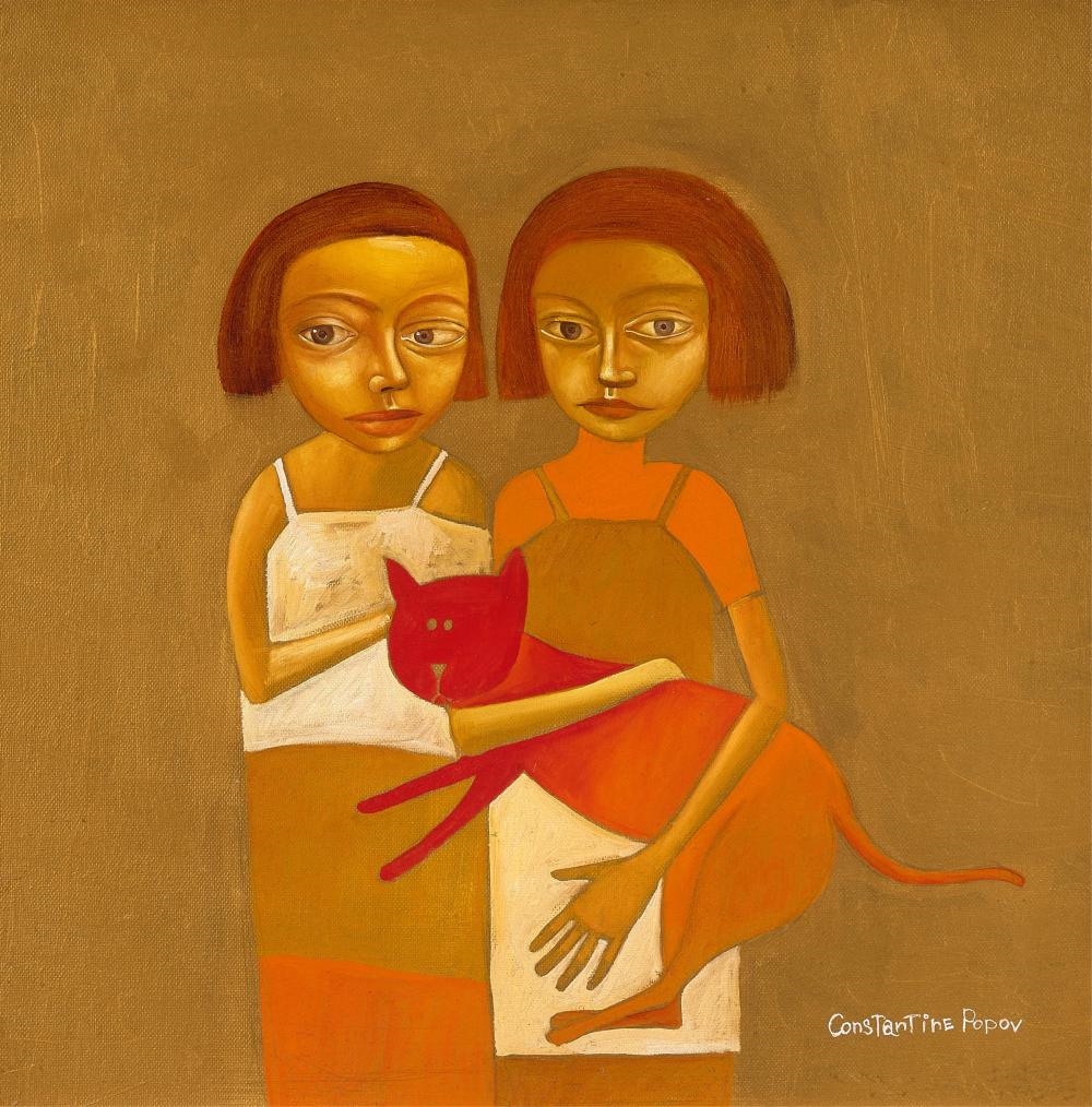 Constantine Popov | Two Girls with Cat | MutualArt