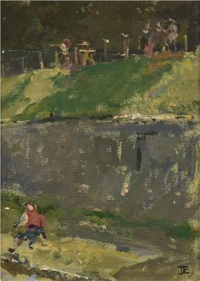Thomas Coates | Tom Coates NEAC (1941-2023) Figure beside a river ...