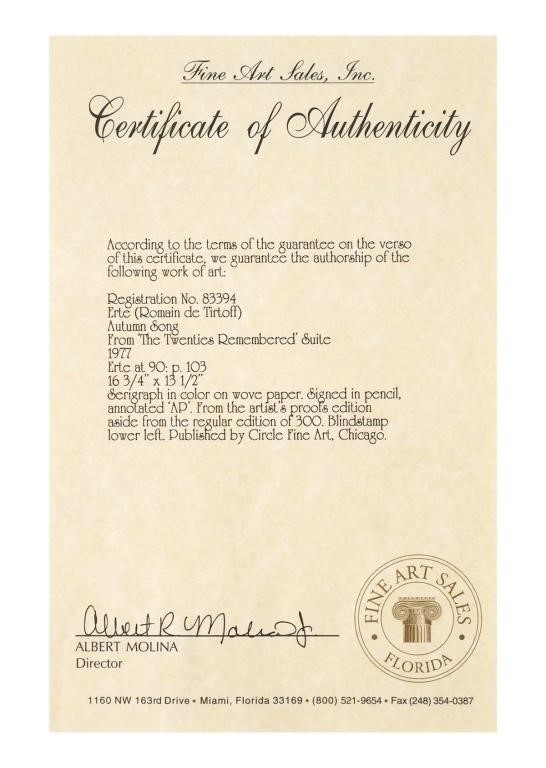 Erté | ERTE Autumn Song Signed Serigraph | MutualArt