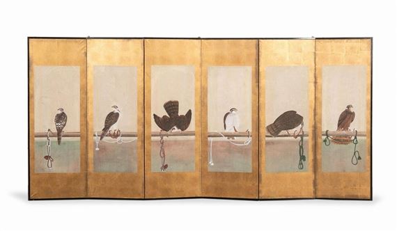 Soga Chokuan | JAPANESE 6-PANEL BYOBU SCREEN, TETHERED HAWKS | MutualArt