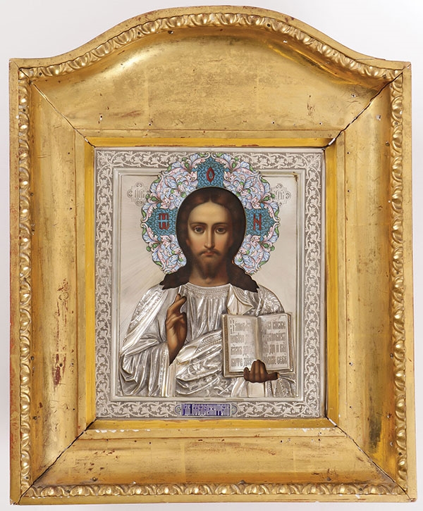 Cyrillic | A FINE RUSSIAN SILVER & ENAMEL ICON OF CHRIST, C. 1900 (1896 ...