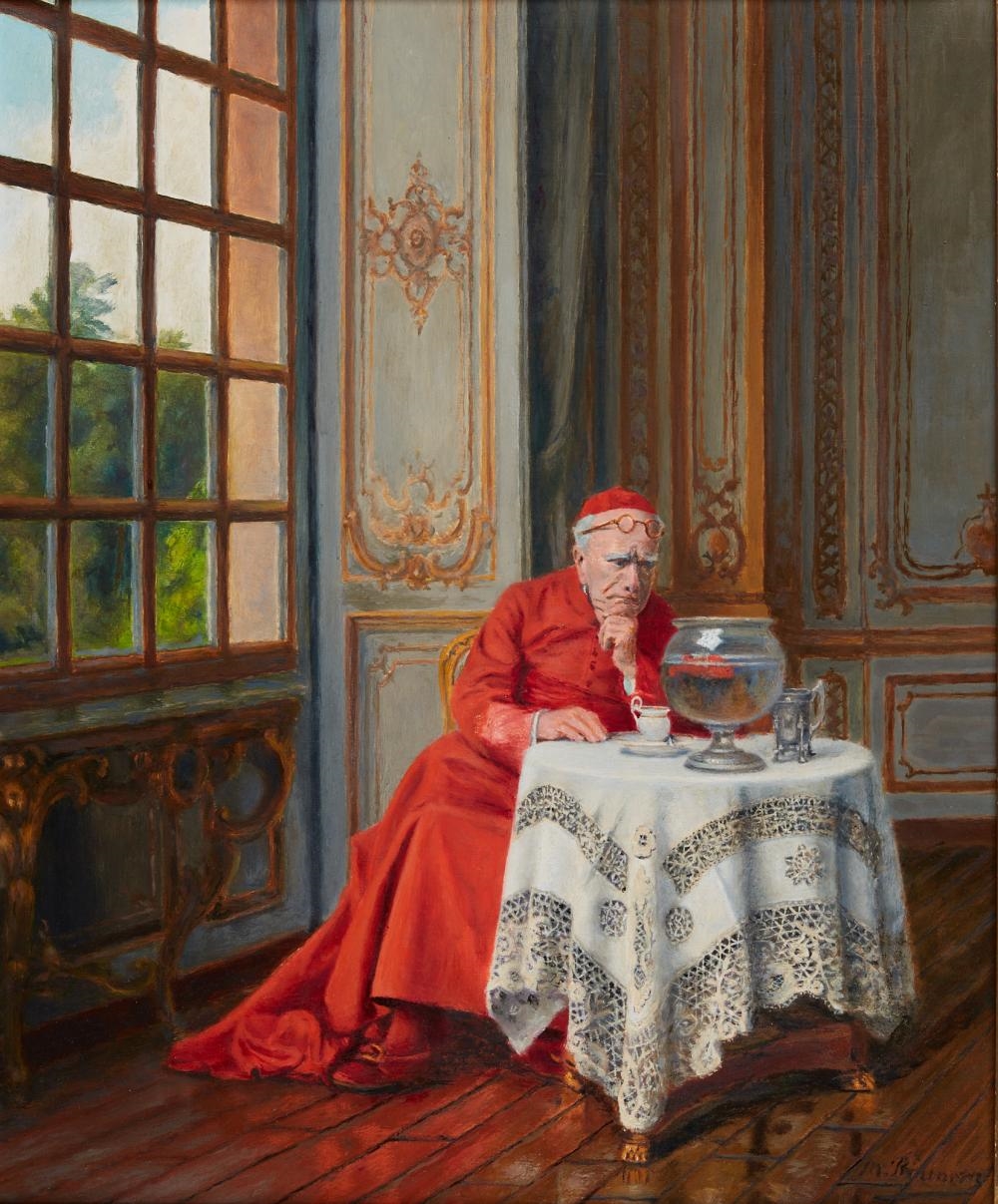 Marcel Brunery | Cardinal having coffee with a finned friend | MutualArt