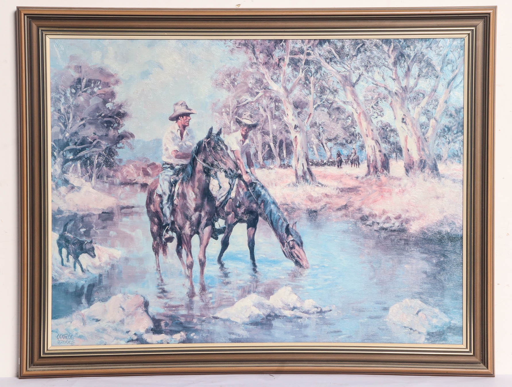 George Brooke | Depicting stockman spelling horses in a creek | MutualArt
