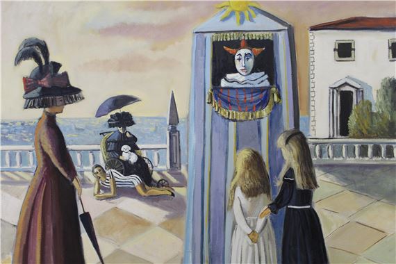 John Ash | figures on a promenade with children watching an entertainer ...