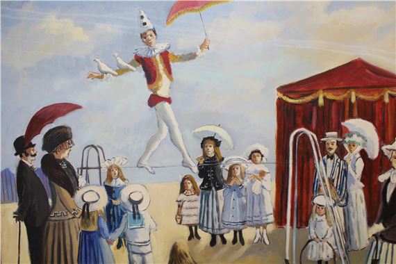 John Ash | beach scene with trapeze artist | MutualArt