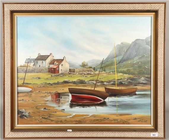 Eve Coote | Mountainous Landscape with Boats | MutualArt