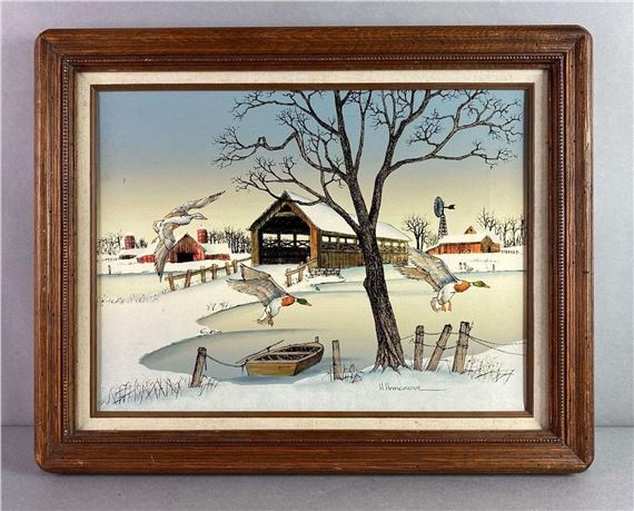 H. Hargrove | H Hargrove Signed Winter Ducks on Frozen Pond Serigraph ...