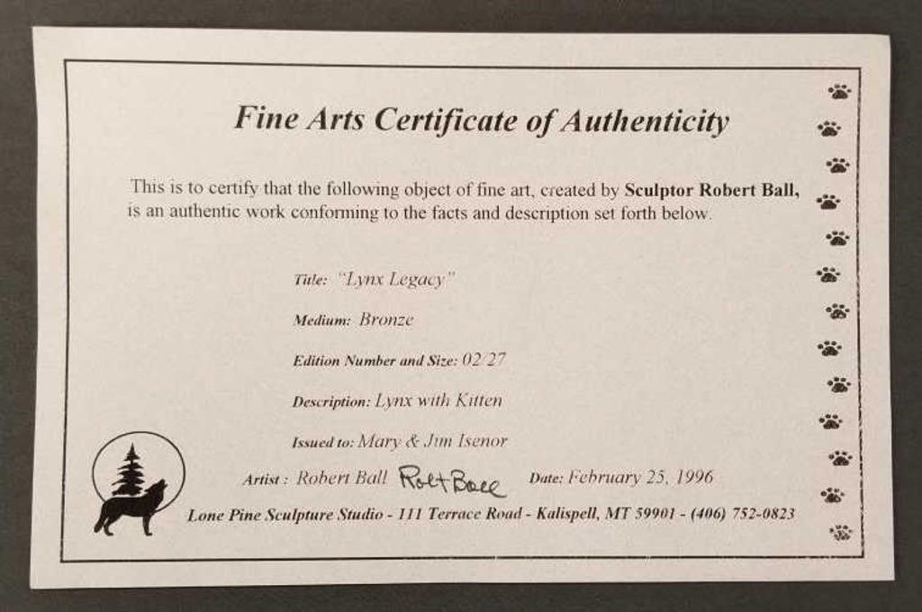 Robert Ball | Robert Ball bronze lynx with kitten Lynx Legacy | MutualArt