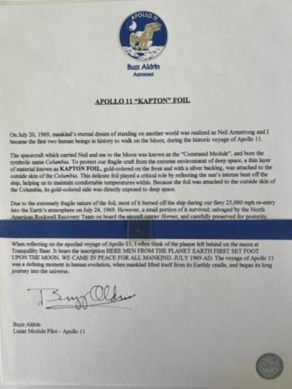 NASA | Apollo XI Kapton Foil Fragment Space Flown Signed (20) | MutualArt