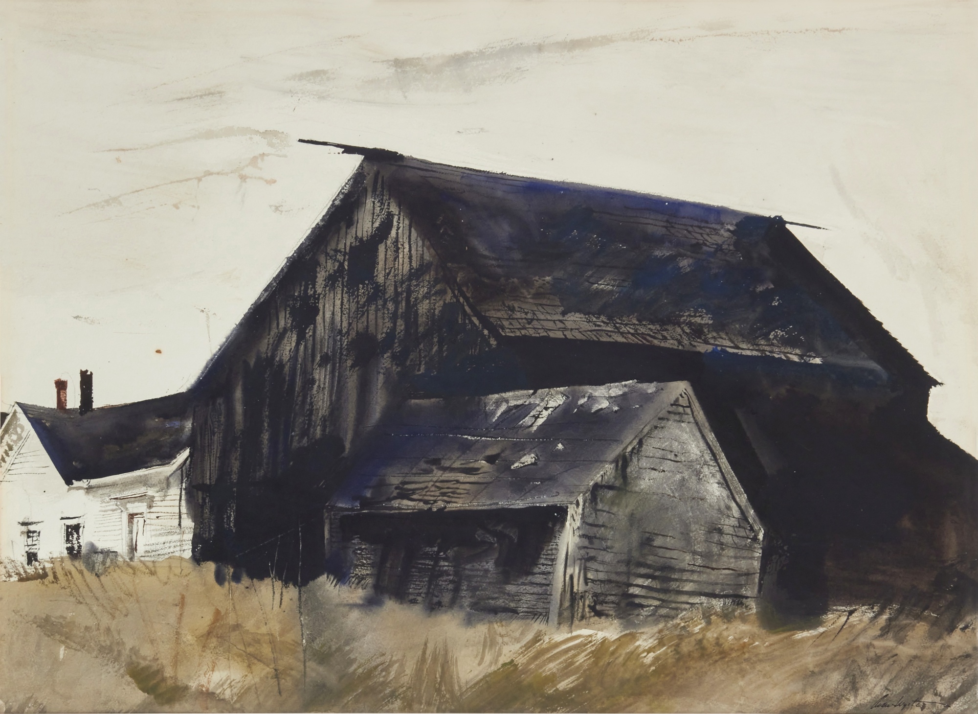 Andrew Wyeth | horses in and around a dilapidated house | MutualArt