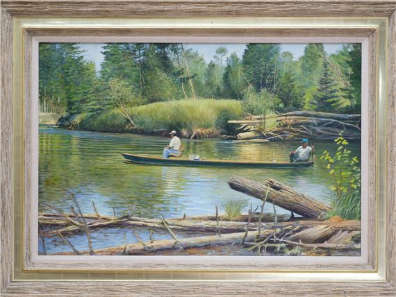 Jim Foote | Two men fishing in an Ausable river boat | MutualArt