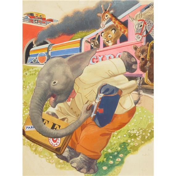 Fedor Rojankowski | AN ILLUSTRATION OF AN ELEPHANT ESCAPING A CIRCUS ...