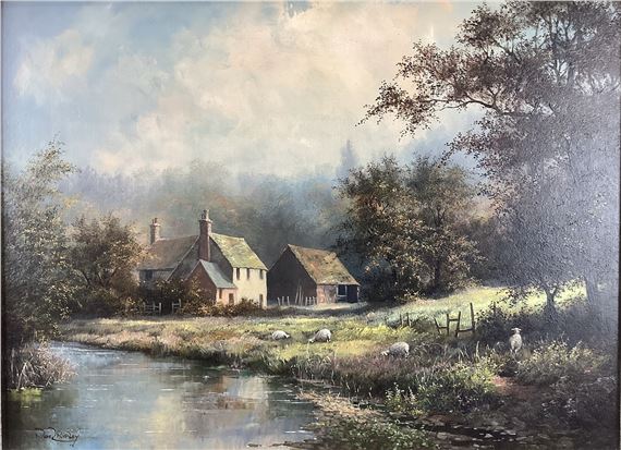 Noel Ripley | pastoral scene with sheep by a river in the foreground a ...