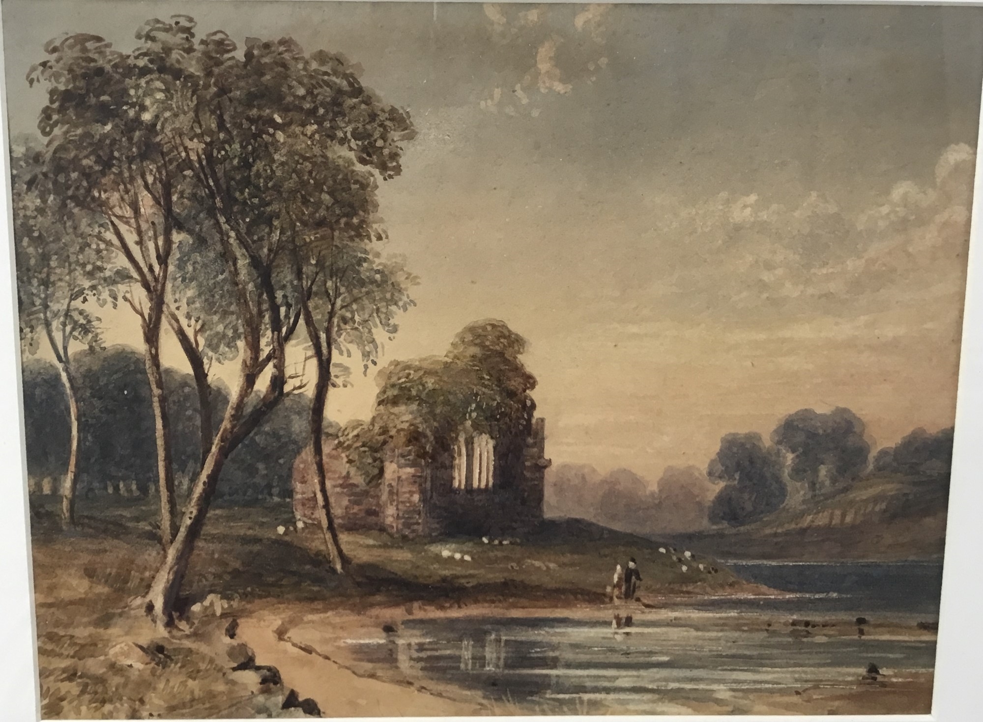John Varley | Sheep grazing before church ruins on the banks of a river ...