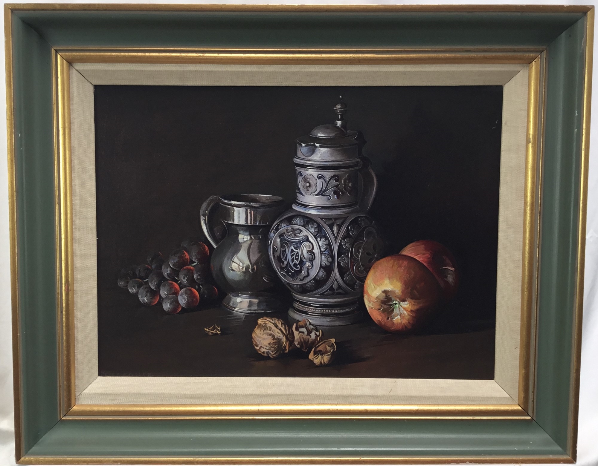 Peter F. Fuller | Still life of two jugs, fruit and walnuts, 28cm x ...