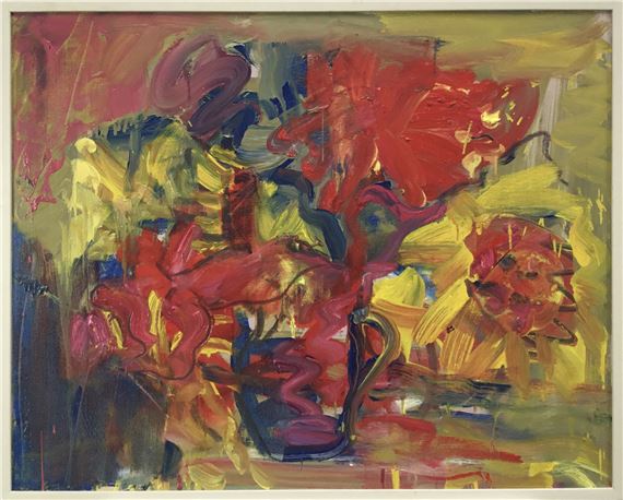 Annelise Firth | Still Life, yellow and red flowers in a blue jug ...