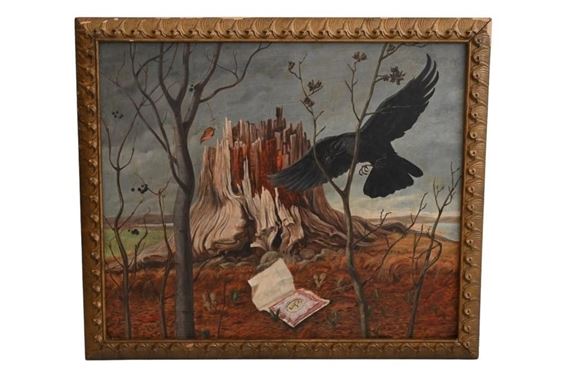 Charles Alfred Meurer | Raven swooping down on card in front of tree ...