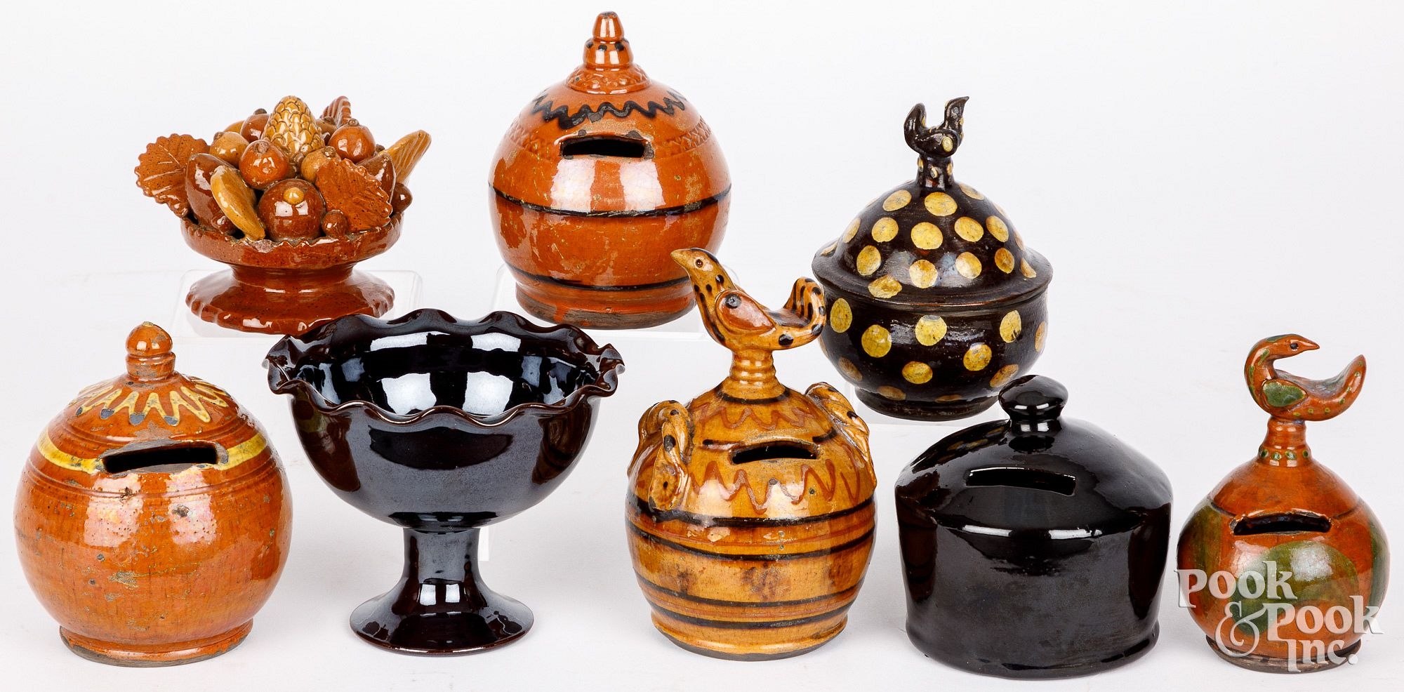 Lester Breininger | Five Greg Shooner redware banks and covered jar ...