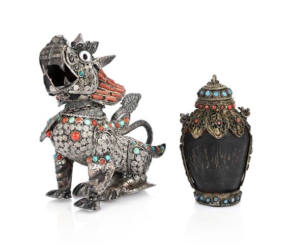 Marc Sterling | Sterling silver Foo dog set with turquoise and coral stones, circa 1950s and a ...